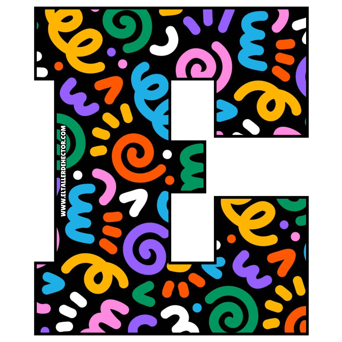 Letra E de Espirales y Formas Coloridas - El Taller de Hector