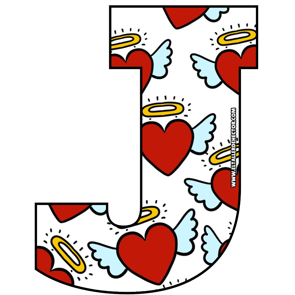 Letra J de Patrón de Corazones con Alas y Auras - El Taller de Hector