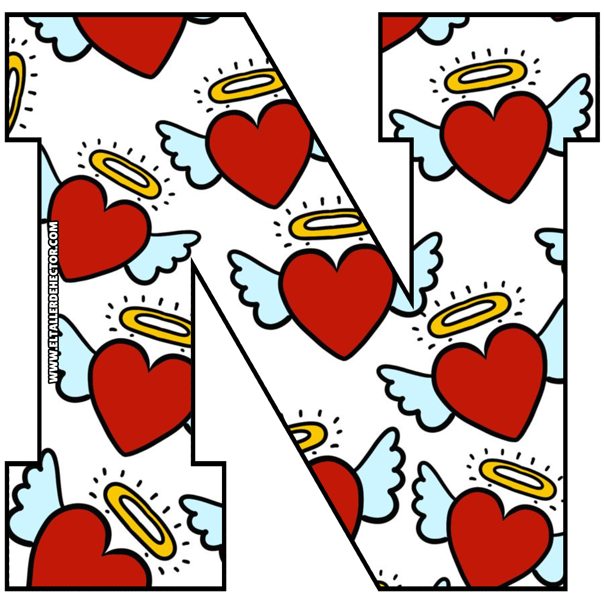 Letra N de Patrón de Corazones con Alas y Auras - El Taller de Hector