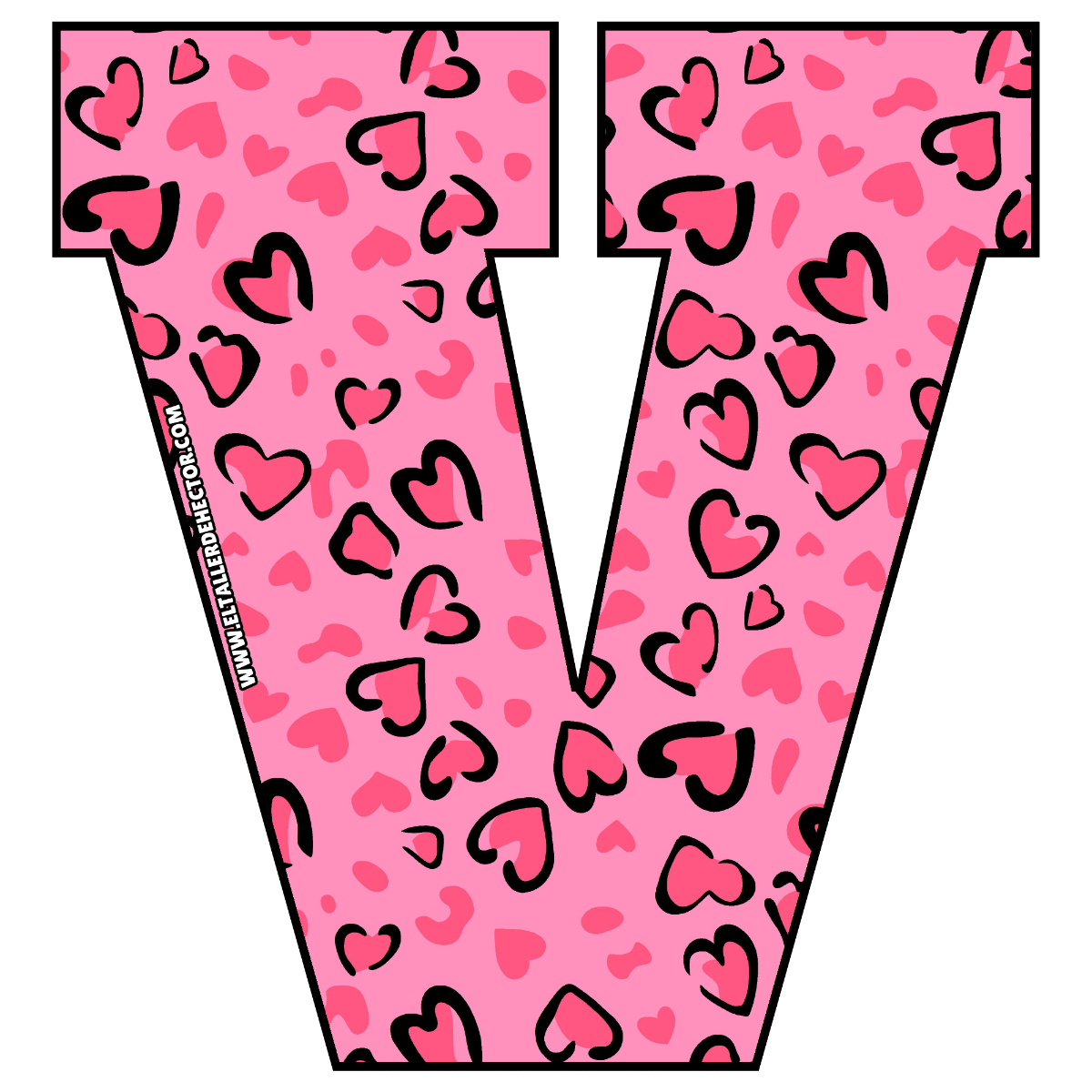 Letra V de Patrón de Corazones Rosa y Negro - El Taller de Hector