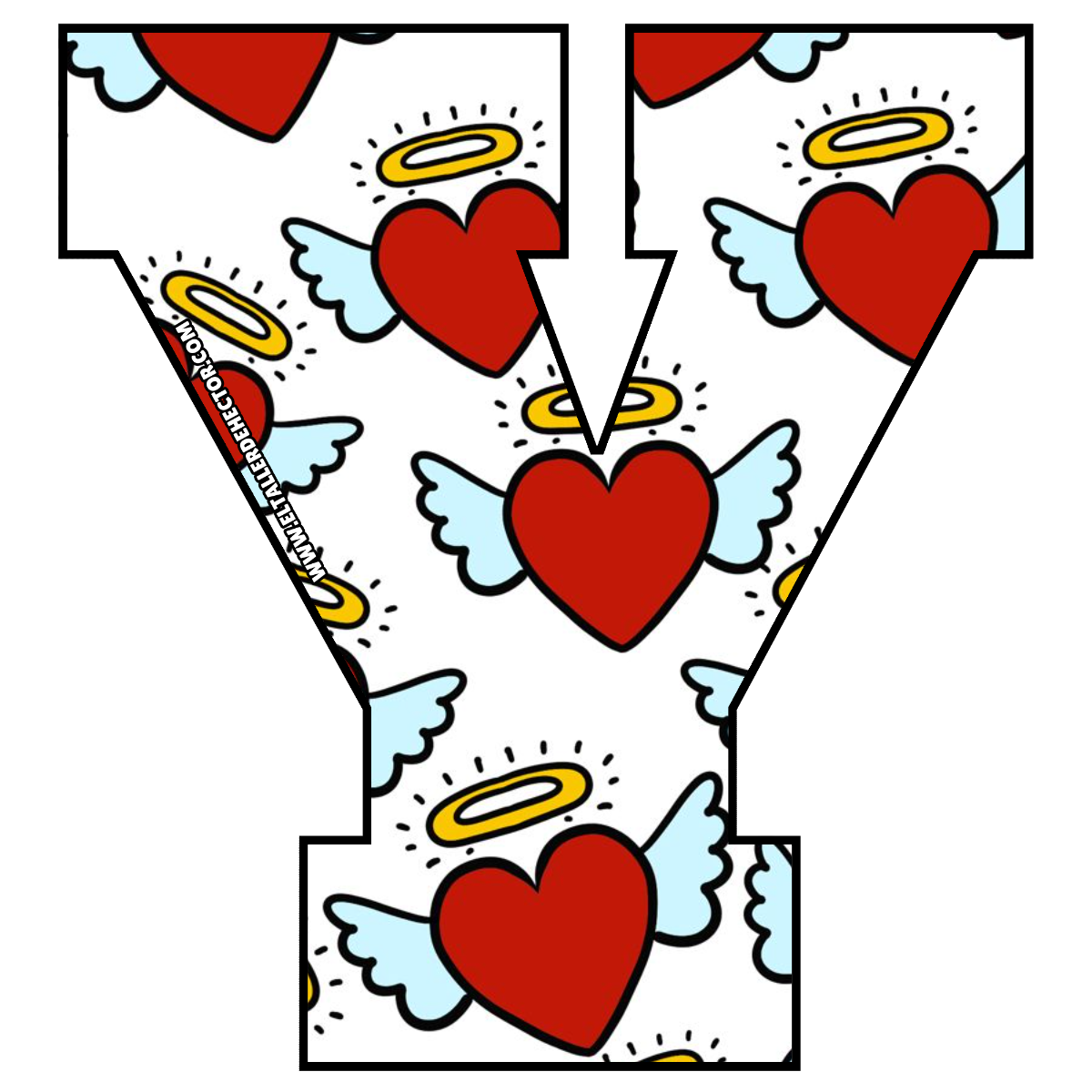 Letra Y de Patrón de Corazones con Alas y Auras - El Taller de Hector