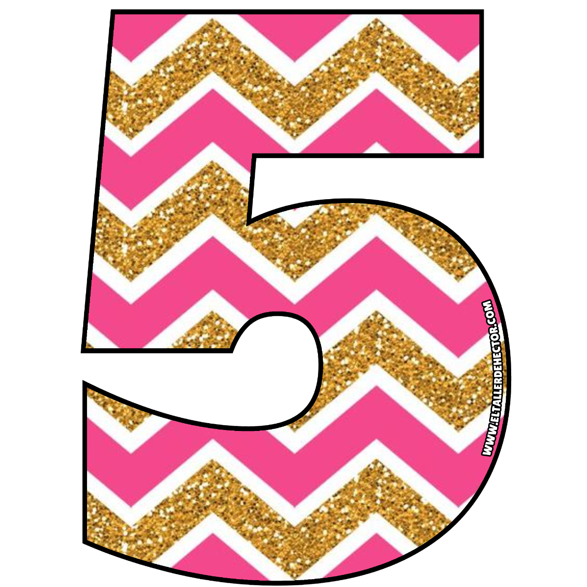 Numero 5 de Zig Zag Glitter Dorado Fucsia - El Taller de Hector