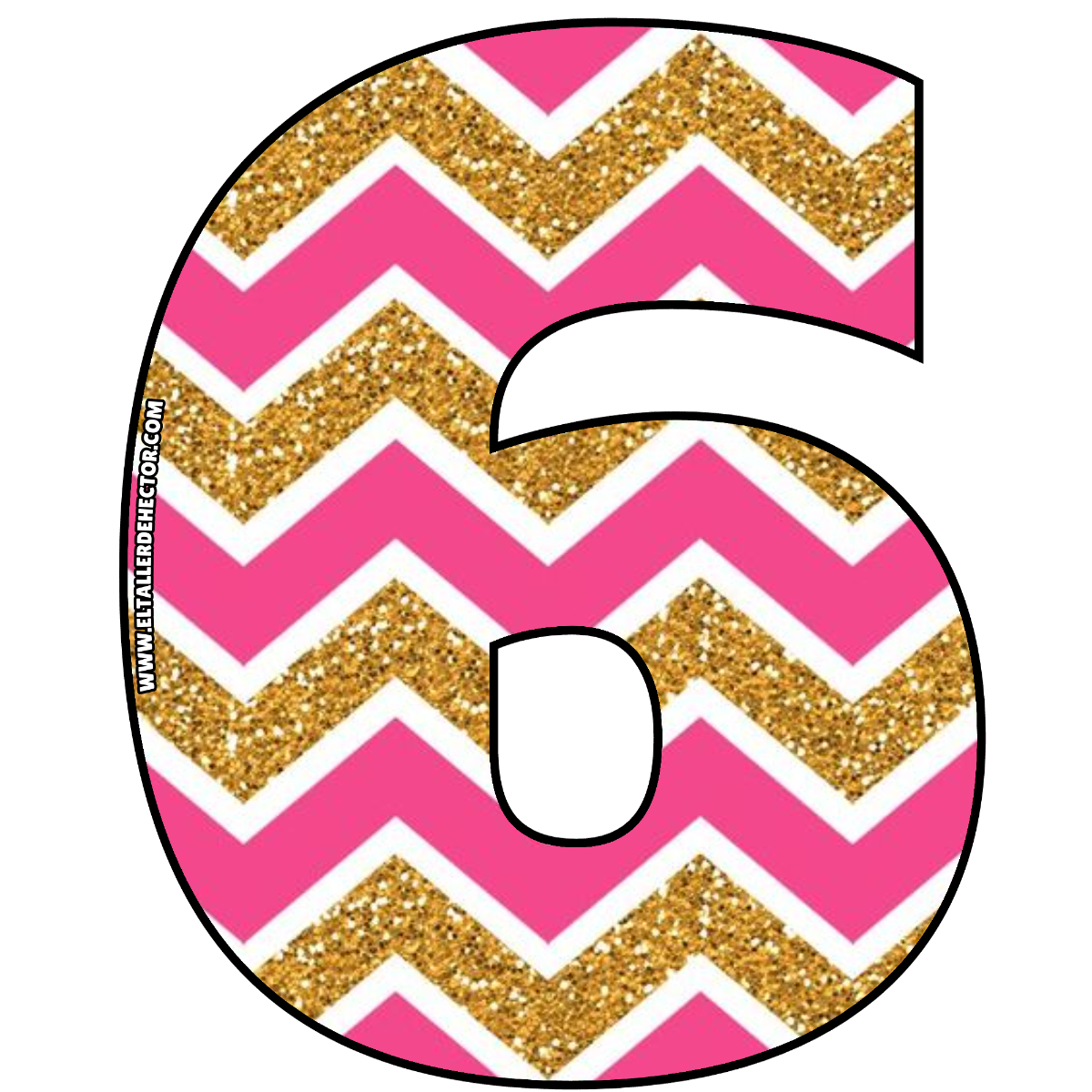 Numero 6 de Zig Zag Glitter Dorado Fucsia - El Taller de Hector