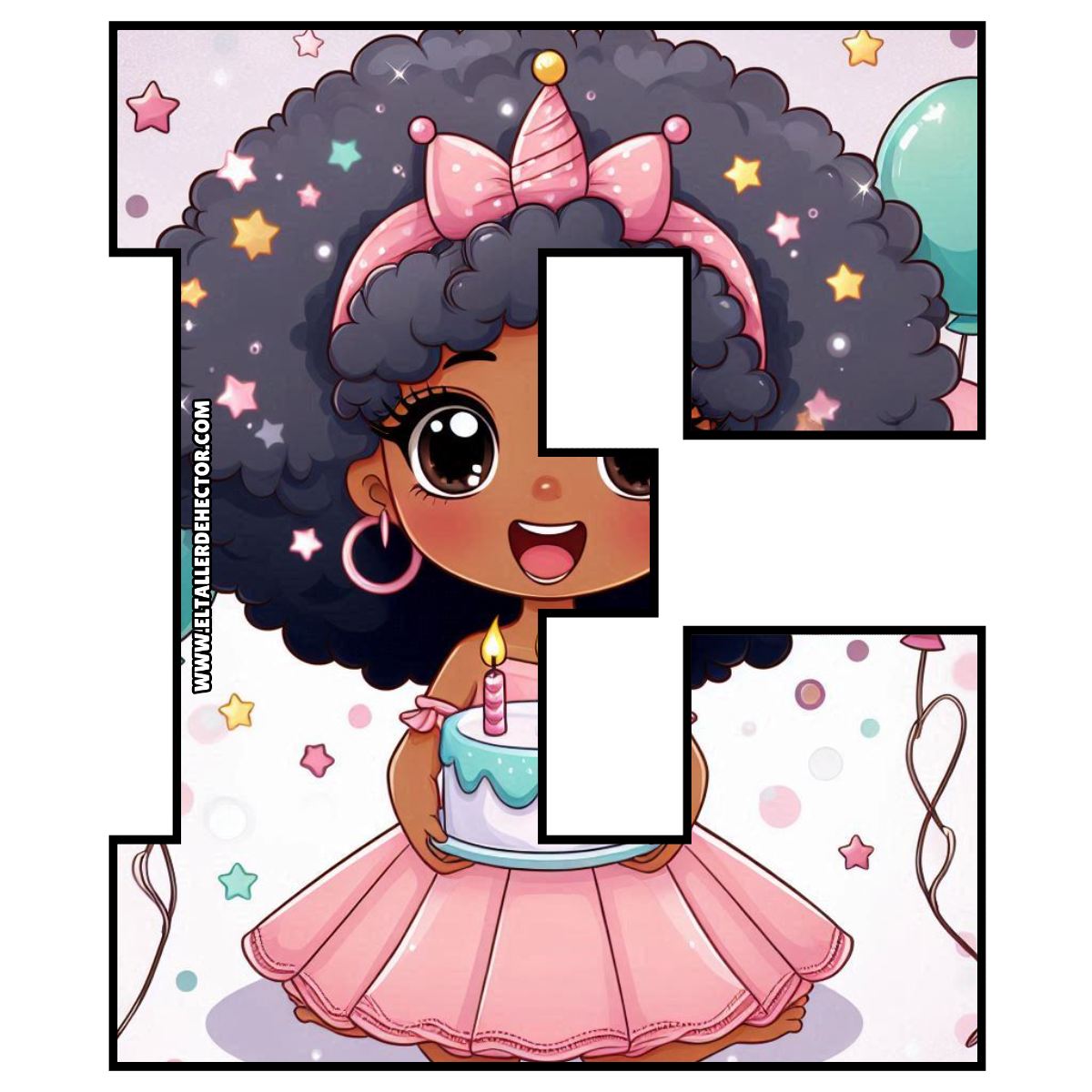 Letra E de Cumpleaños Niña Afro - El Taller de Hector