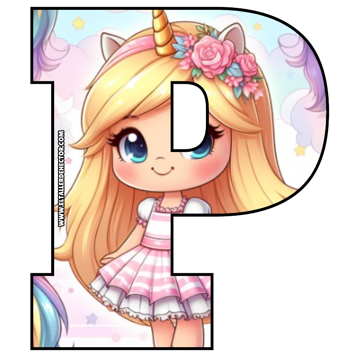 Letra P de Niña Unicornio Rubia - El Taller de Hector