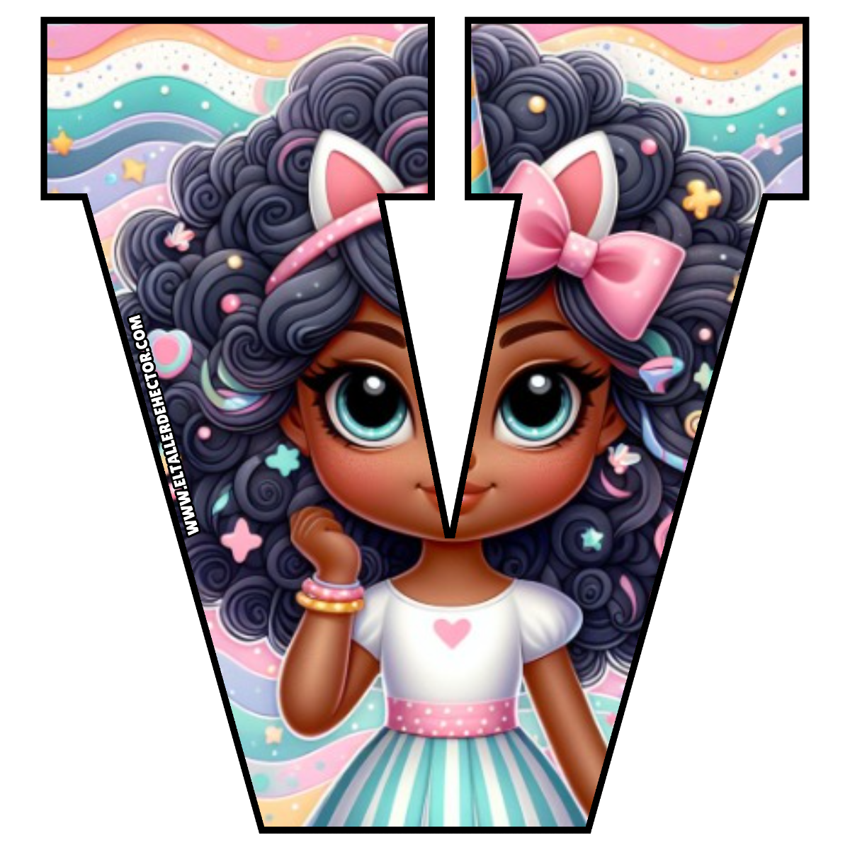 Letra V de Niña Afro Unicornio - El Taller de Hector