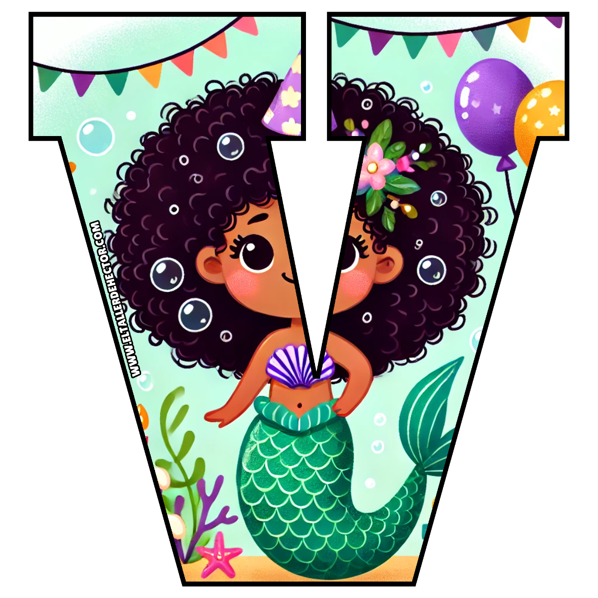 Letra V de Niña Sirena Afro - El Taller de Hector